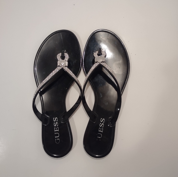 Guess | Shoes | Guess Rhinestone Black Flat Sandals Size 7 | Poshmark